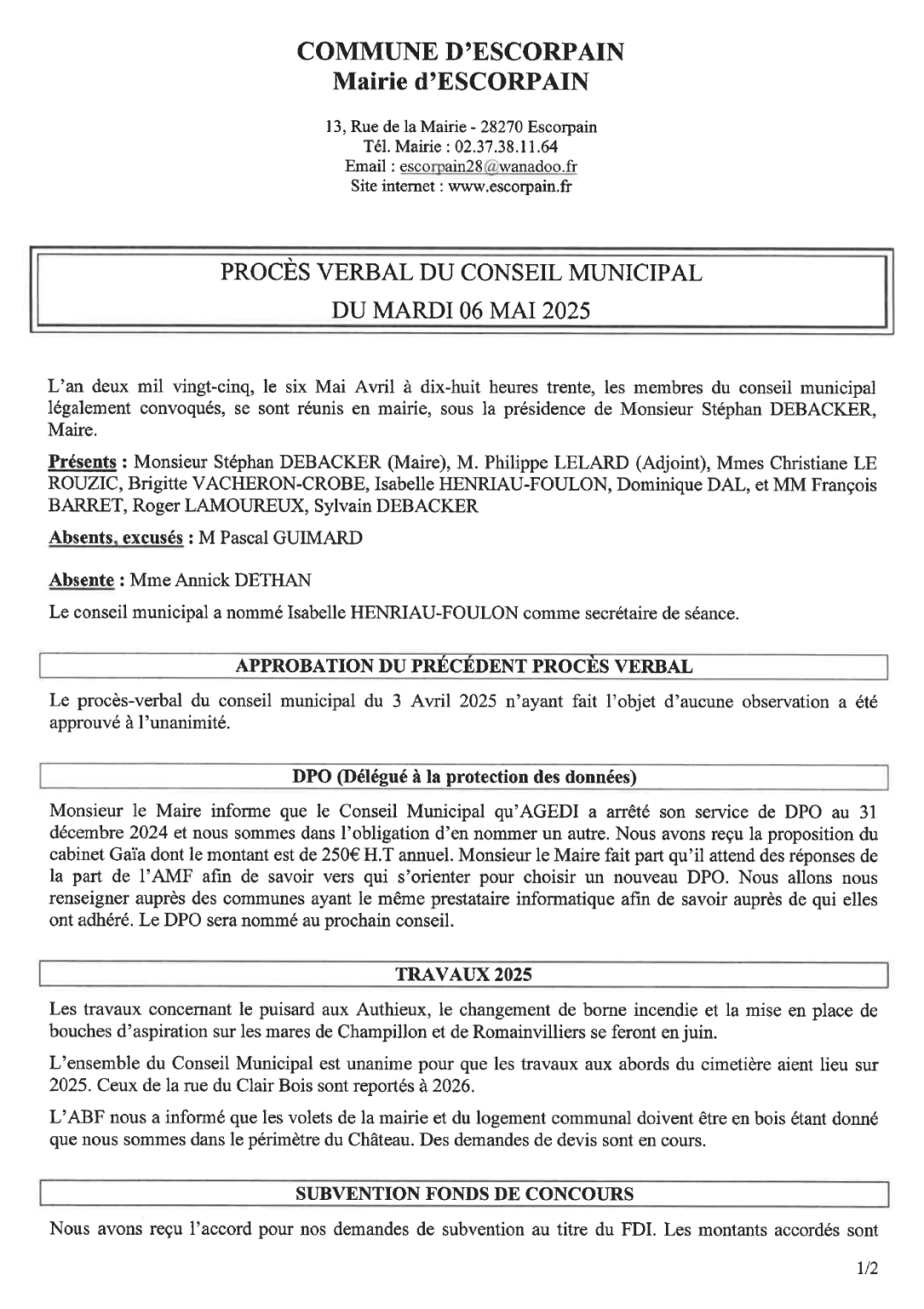 Procès verbal du conseil municipal du mardi 6 mai 2025 | Mairie d'Escorpain